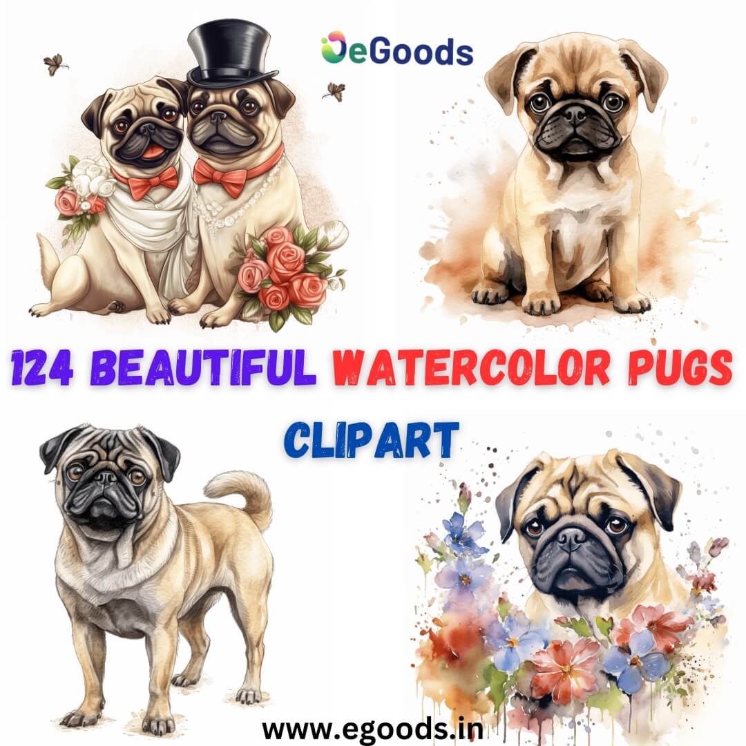 124 Beautiful Watercolor Pugs Clipart, Printable Graphics, Clip Art ...
